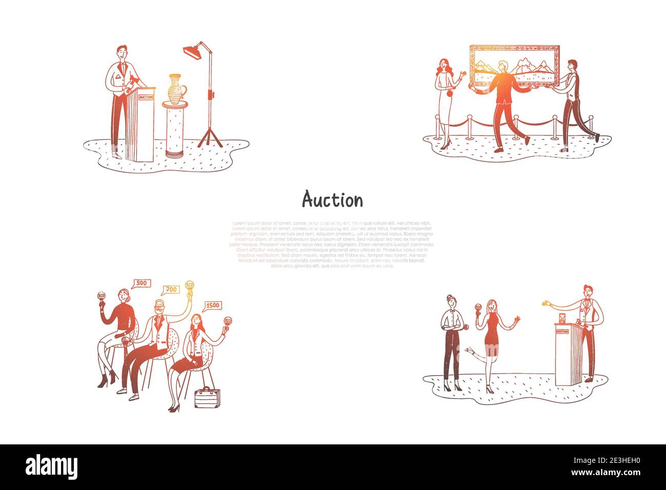 Auction - people selling and buying artworks during auction vector ...