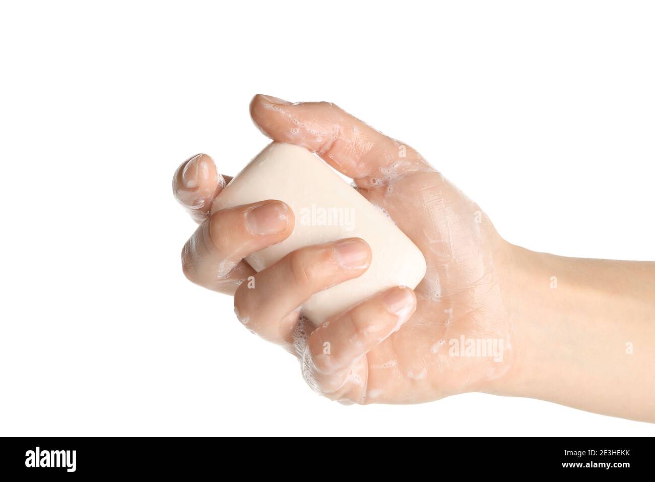 Female hand with soap and foam isolated on white background Stock Photo ...