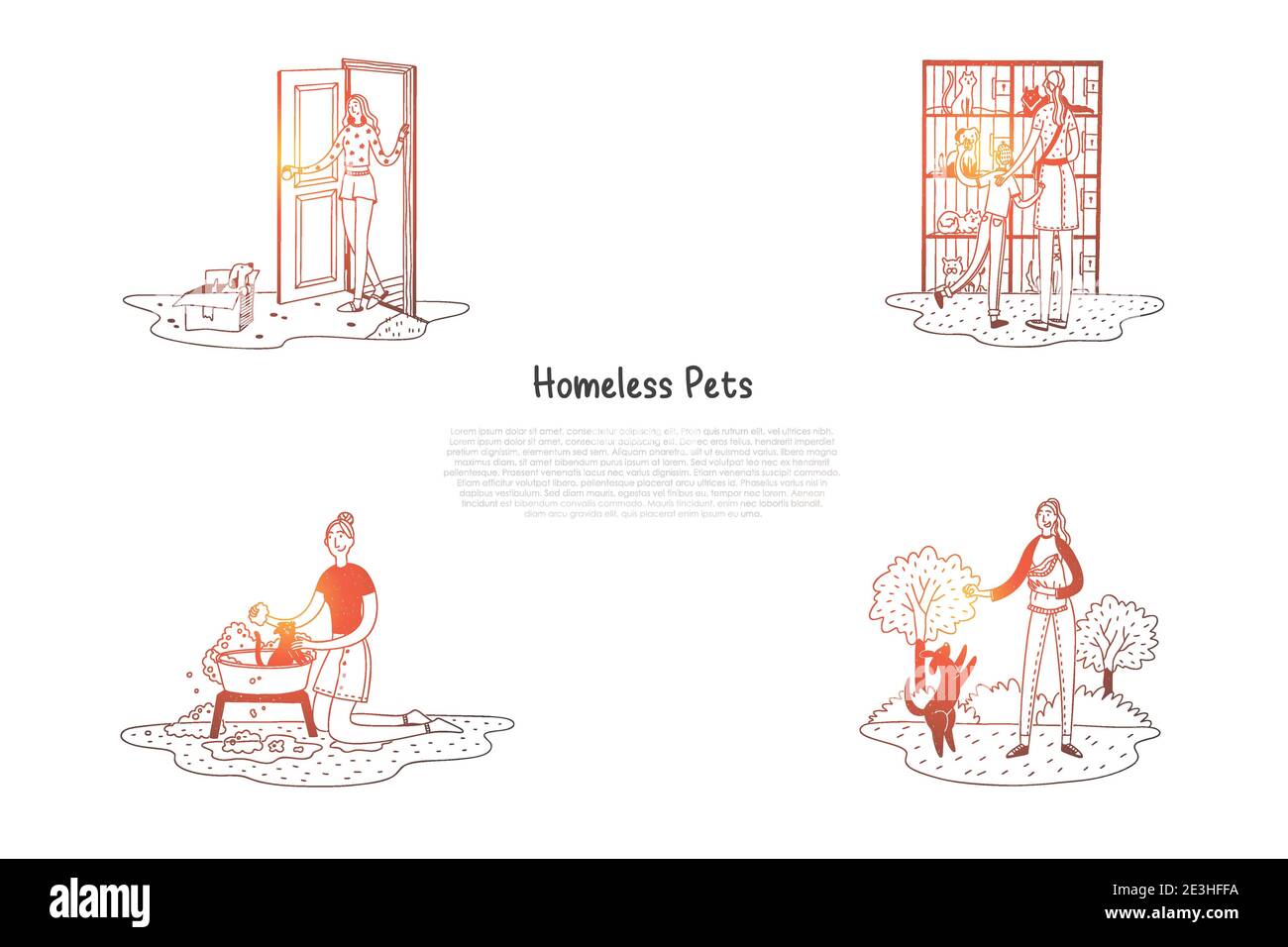 Homeless pets - animals in cages and in boxes on street and people ...