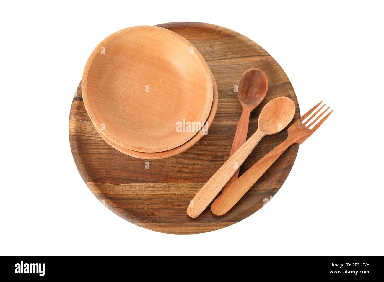 Different wooden dishes isolated on white background Stock Photo - Alamy