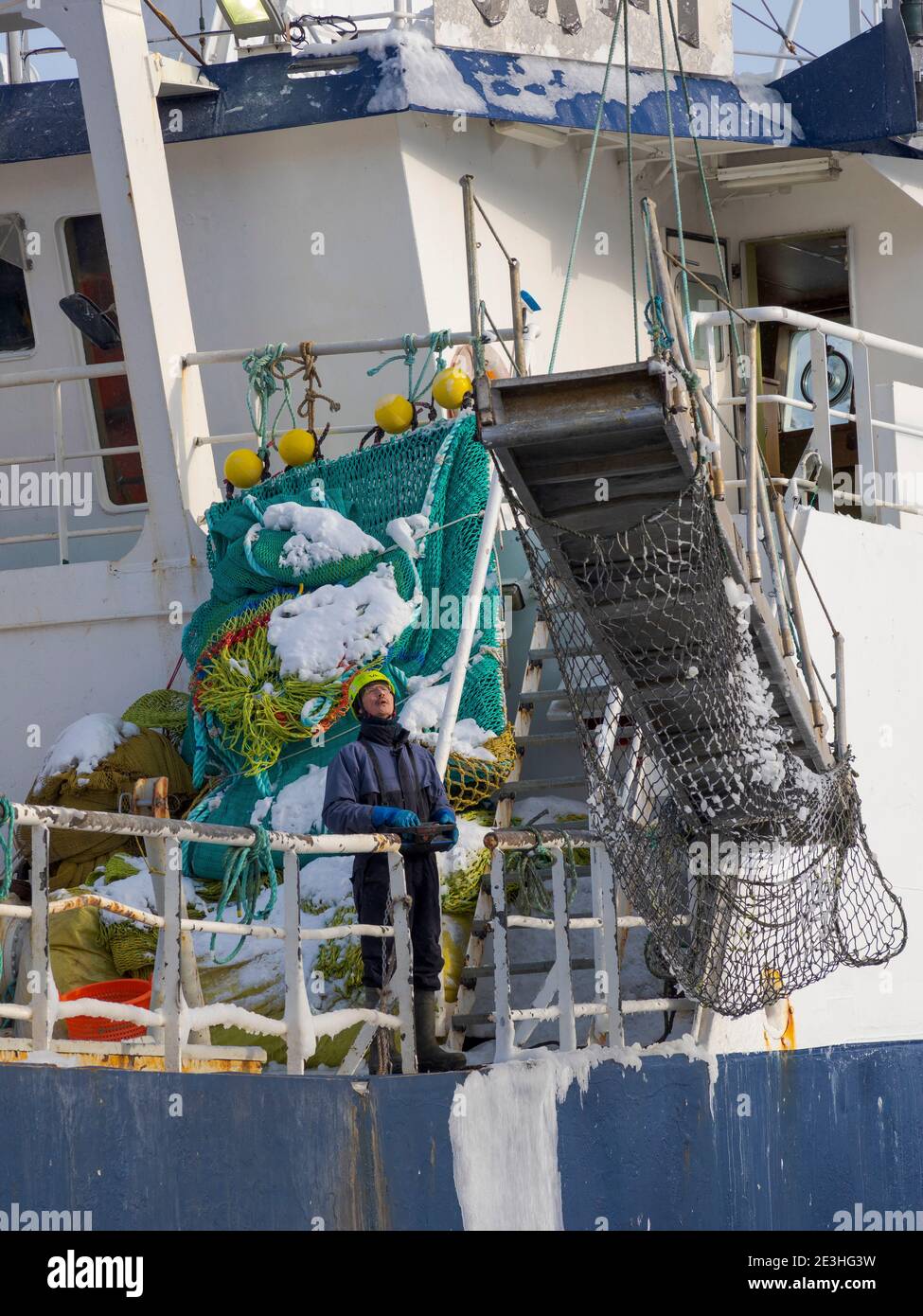 Trawler Lomur run by Royal Greenland. Winter in the frozen harbour of ...