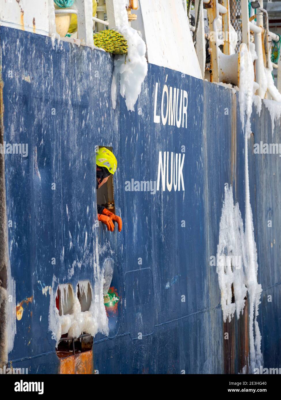 Trawler Lomur run by Royal Greenland. Winter in the frozen harbour of ...