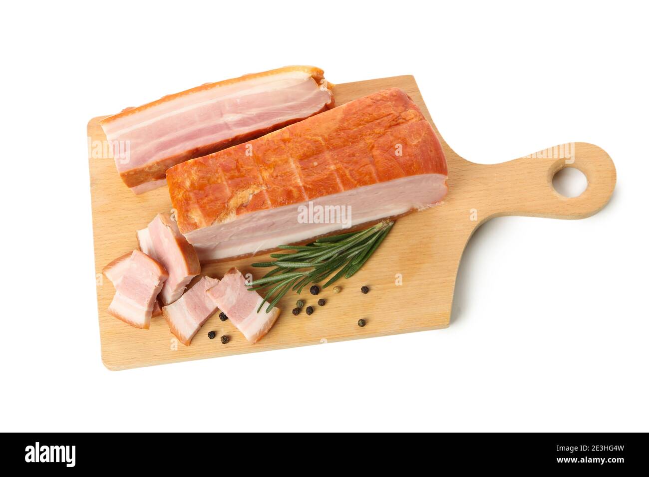 Board with tasty bacon isolated on white background Stock Photo - Alamy