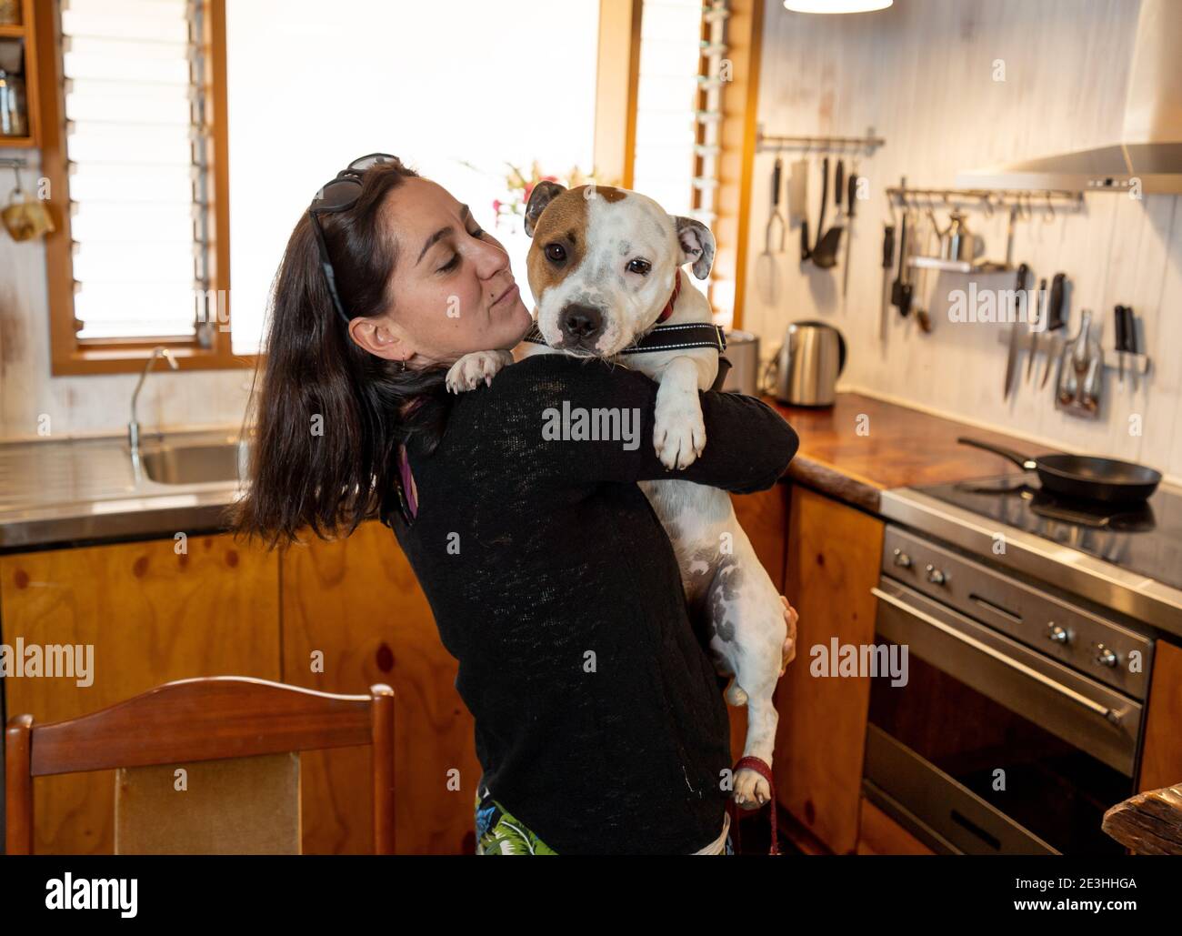 Confident woman loving and cuddling her cute pet dog enjoying life at ...