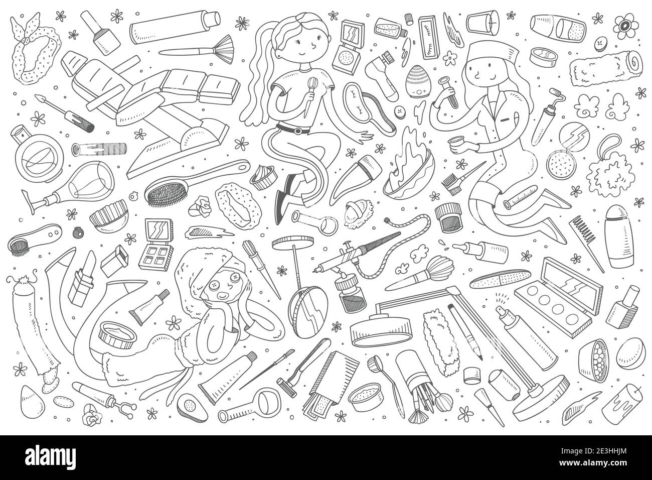 Hand drawn cosmetology set doodle vector illustration background Stock ...