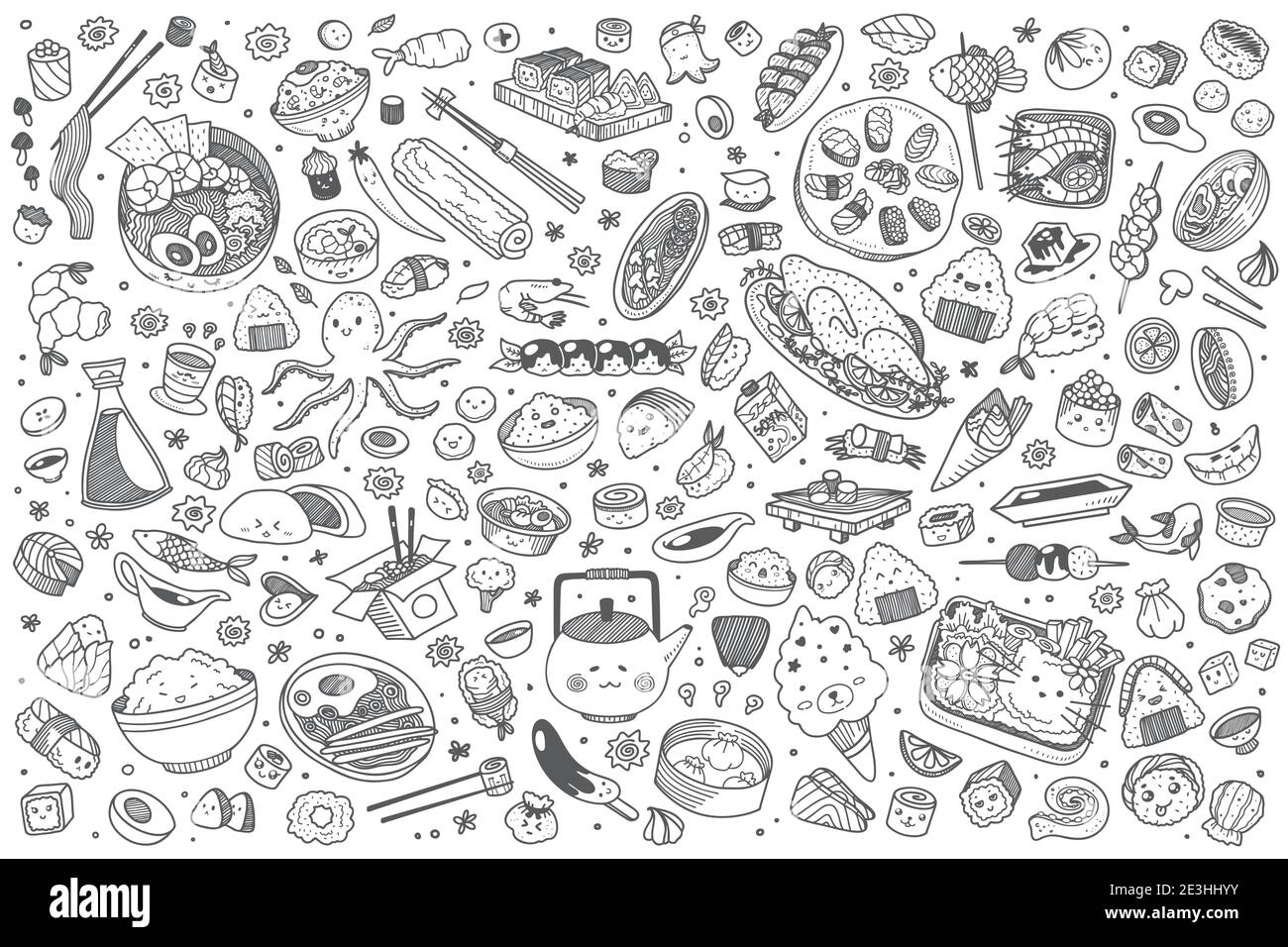 Hand drawn Japanese food set doodle vector illustration background ...