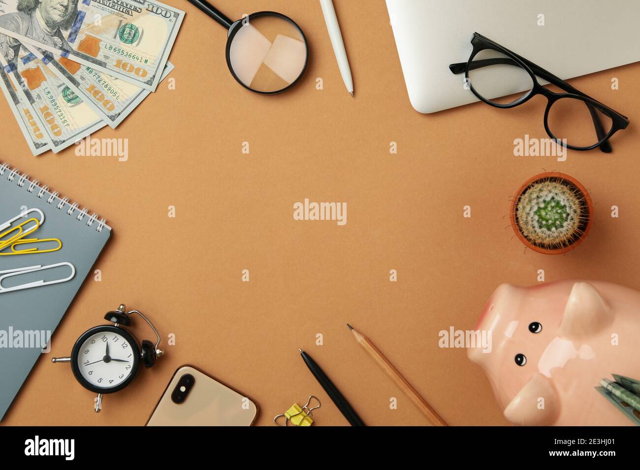 Concept of financial planning with piggy bank on craft background Stock ...