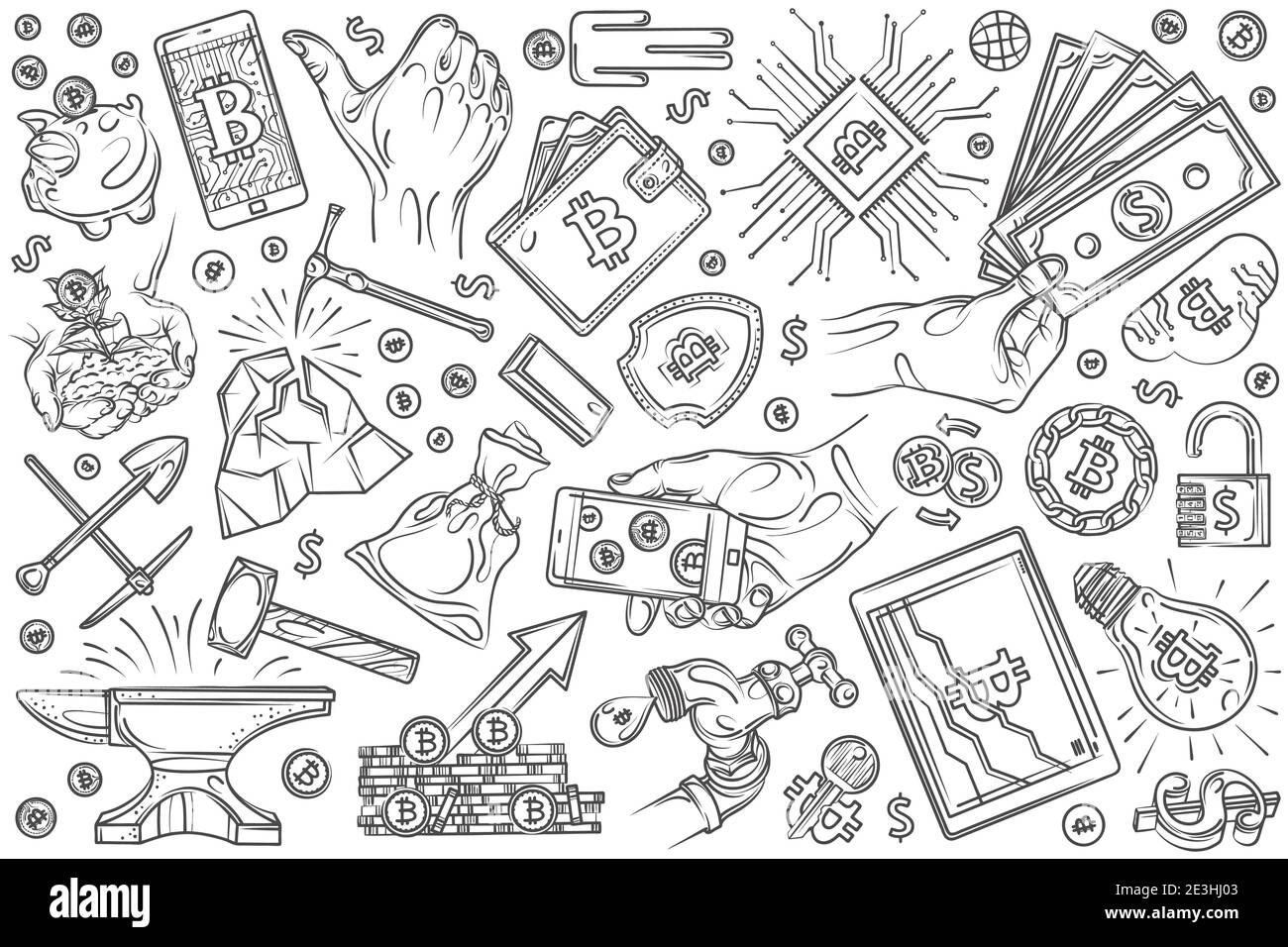 Hand drawn cryptocurrency mining set doodle vector illustration background Stock Vector Image ...