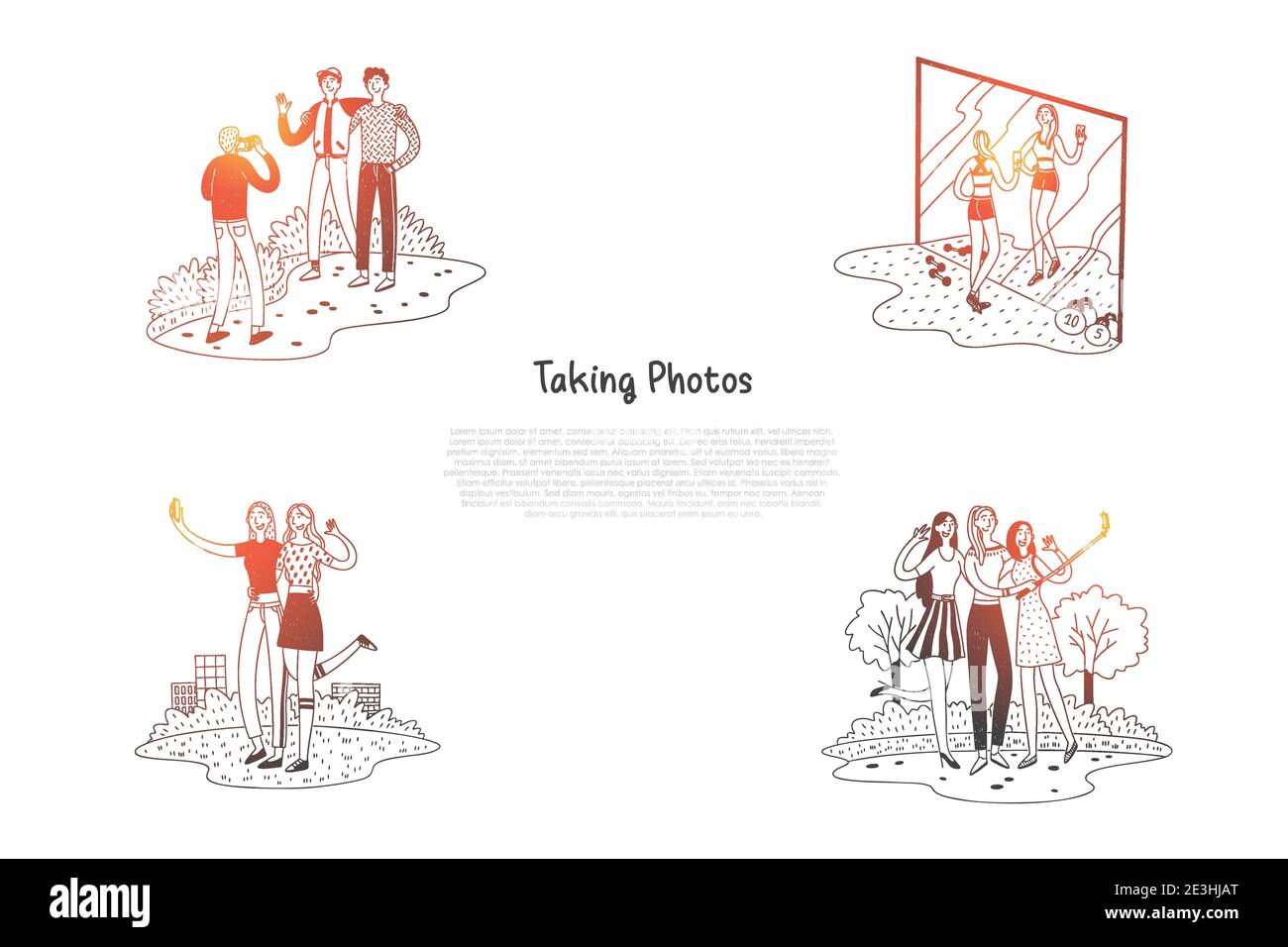 Taking photos - people making photos and selfie in gym and outdoors ...