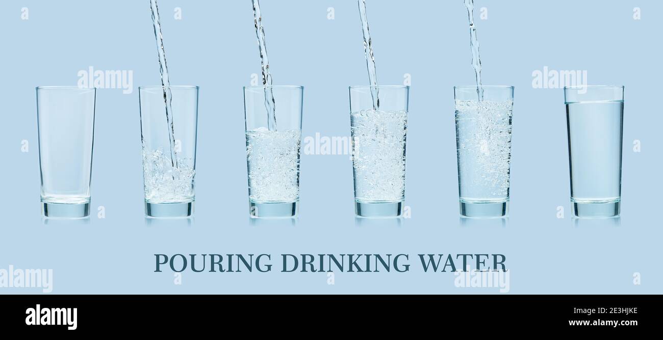 Pouring water. Pouring fresh clean drinking water to glass. Banner ...
