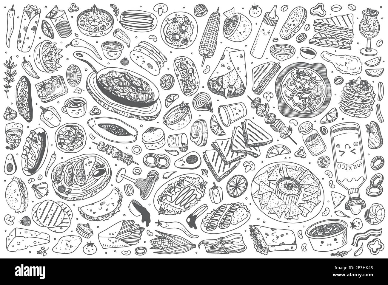 Hand drawn Mexican food set doodle vector illustration background Stock ...