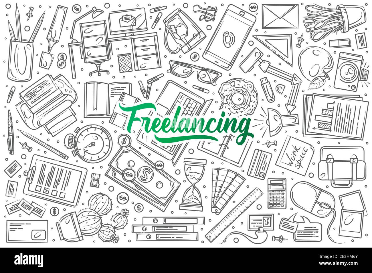 Hand drawn freelancing set doodle vector illustration background Stock ...
