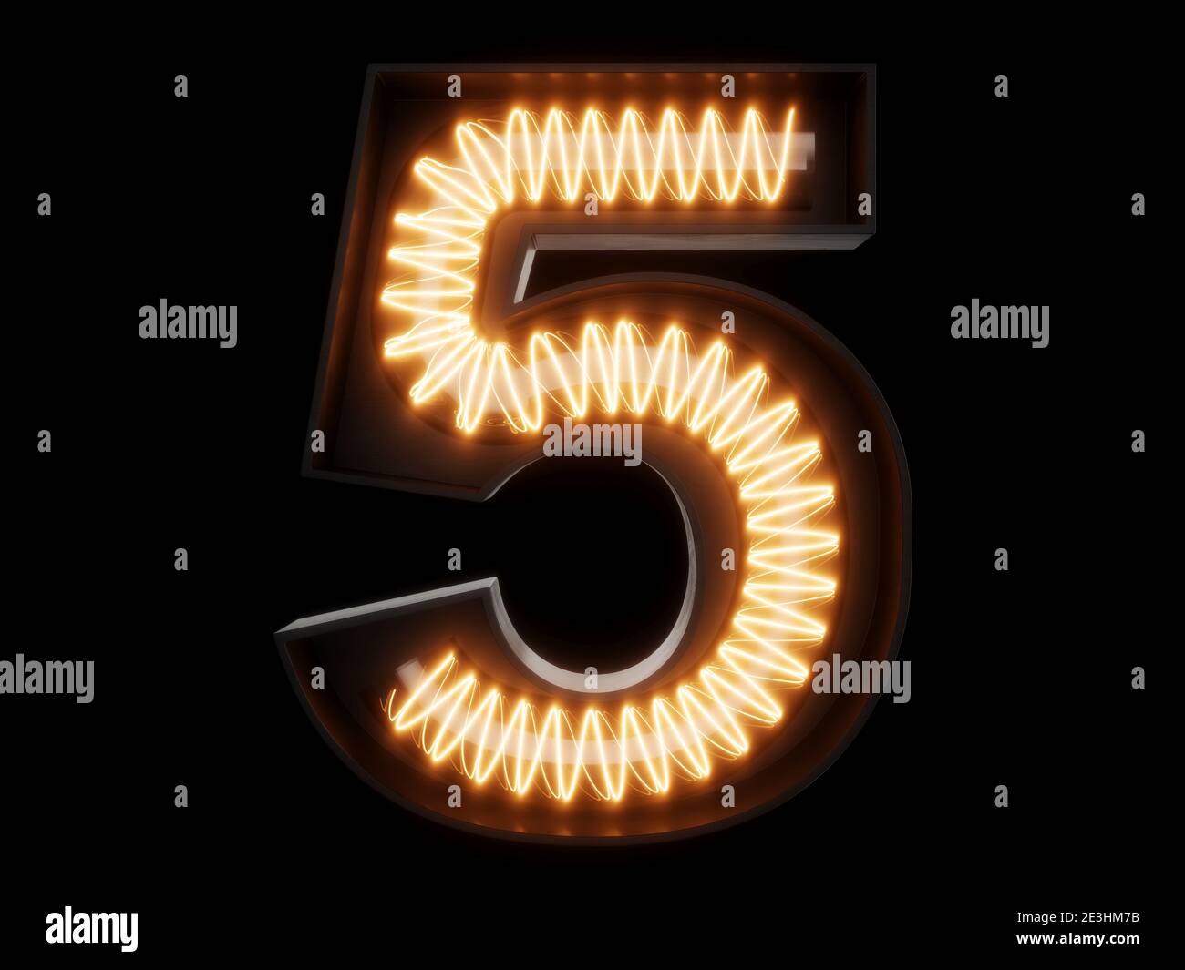 Light bulb spiral glowing digit alphabet character 5 five font. Front ...