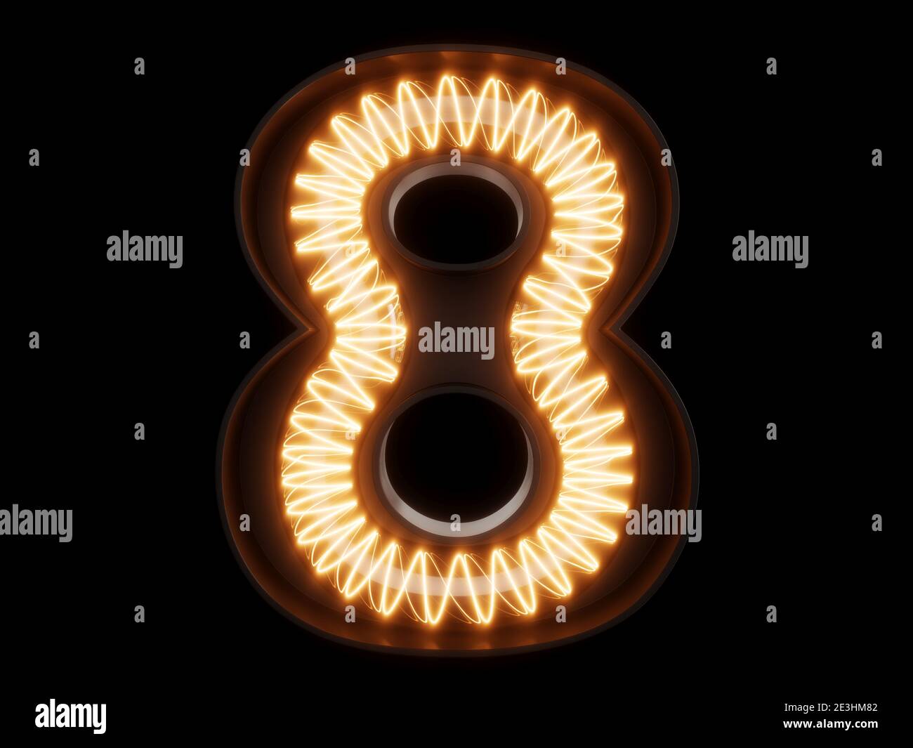 Light bulb spiral glowing digit alphabet character 8 eight font. Front ...