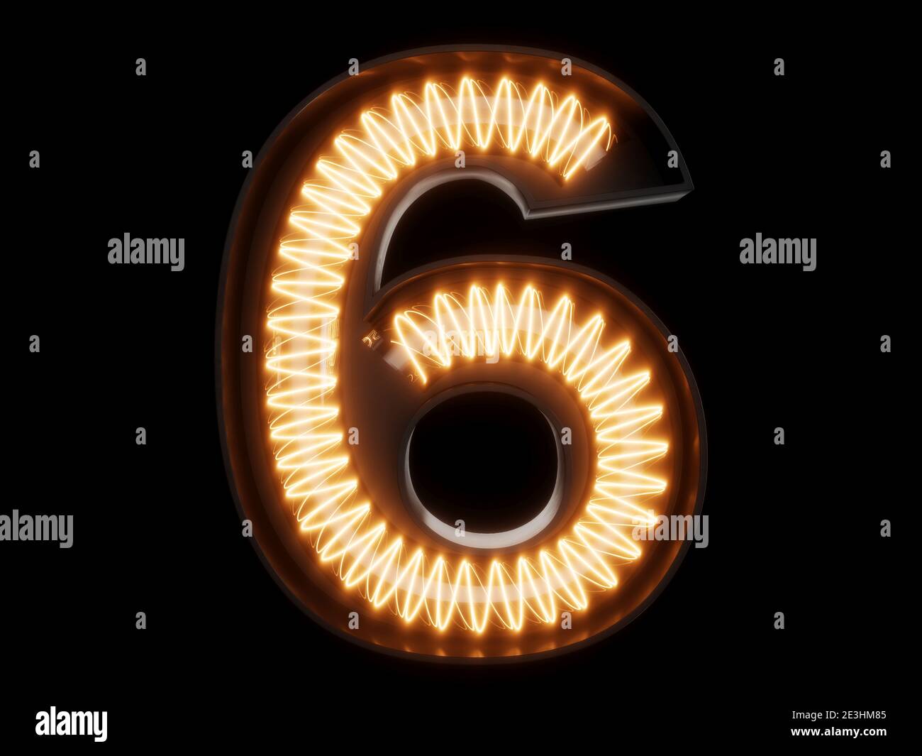 Light bulb spiral glowing digit alphabet character 6 six font. Front ...
