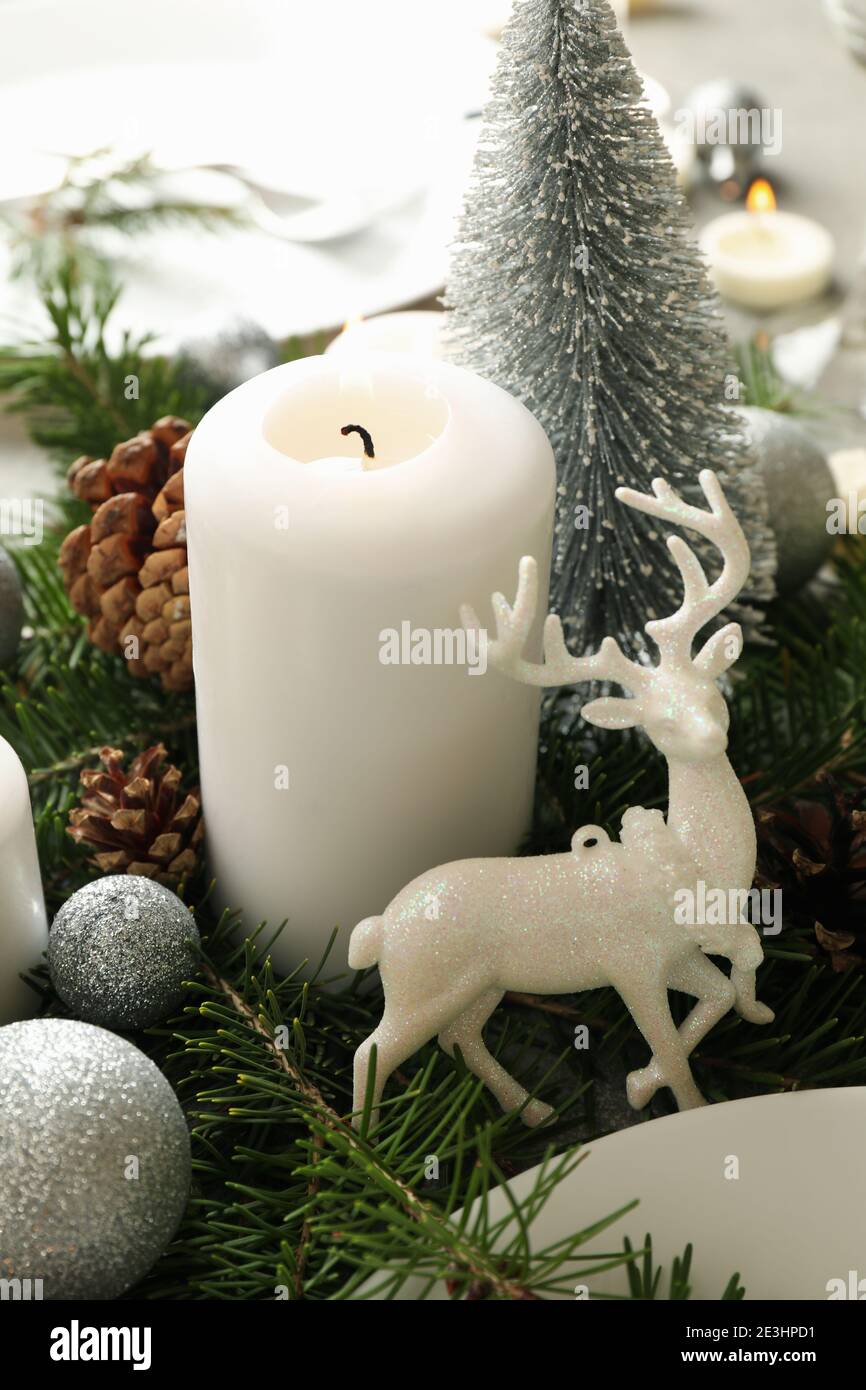 Concept of New year table setting with reindeer, close up Stock Photo ...