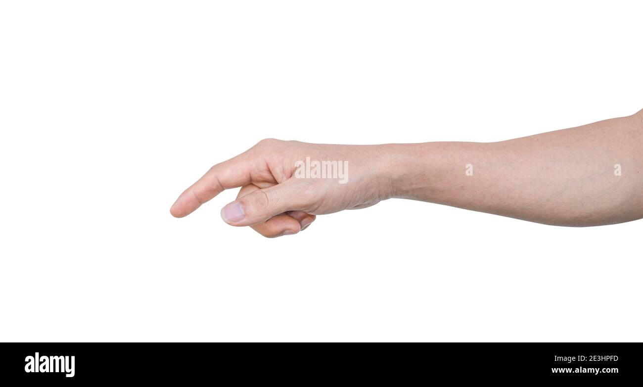 Man hand pointing at something Isolated on white background with ...