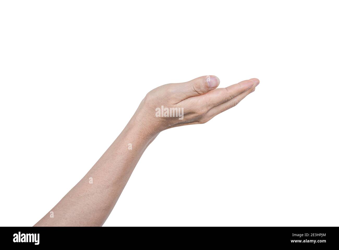 Man hand with open palm hope, helping, Isolated on white background ...
