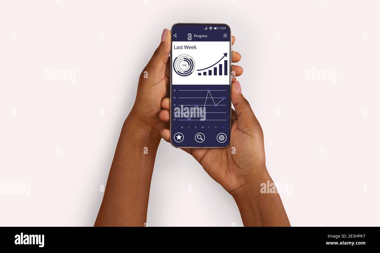Female Hands Using Phone With Progress Tracker App, White Background ...