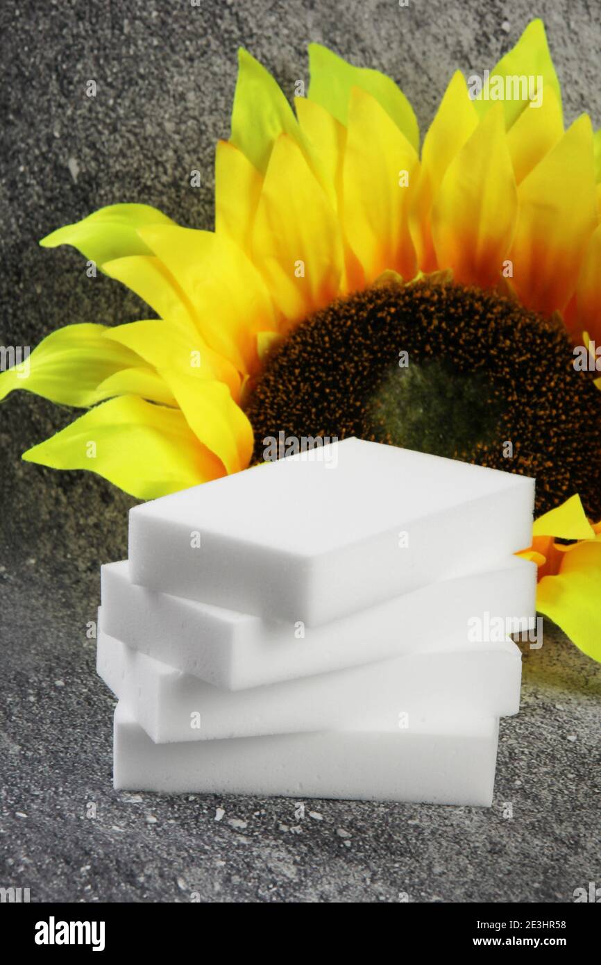 Melamine household sponge. Melamine sponges on dark background, tools ...