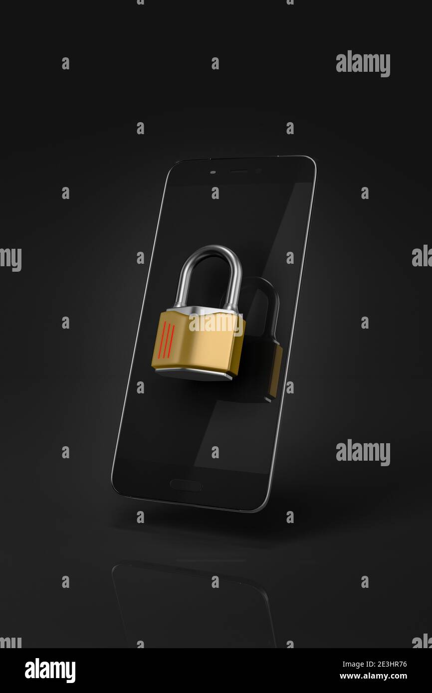 Black smartphone locked with a metal closed padlock in front of the ...
