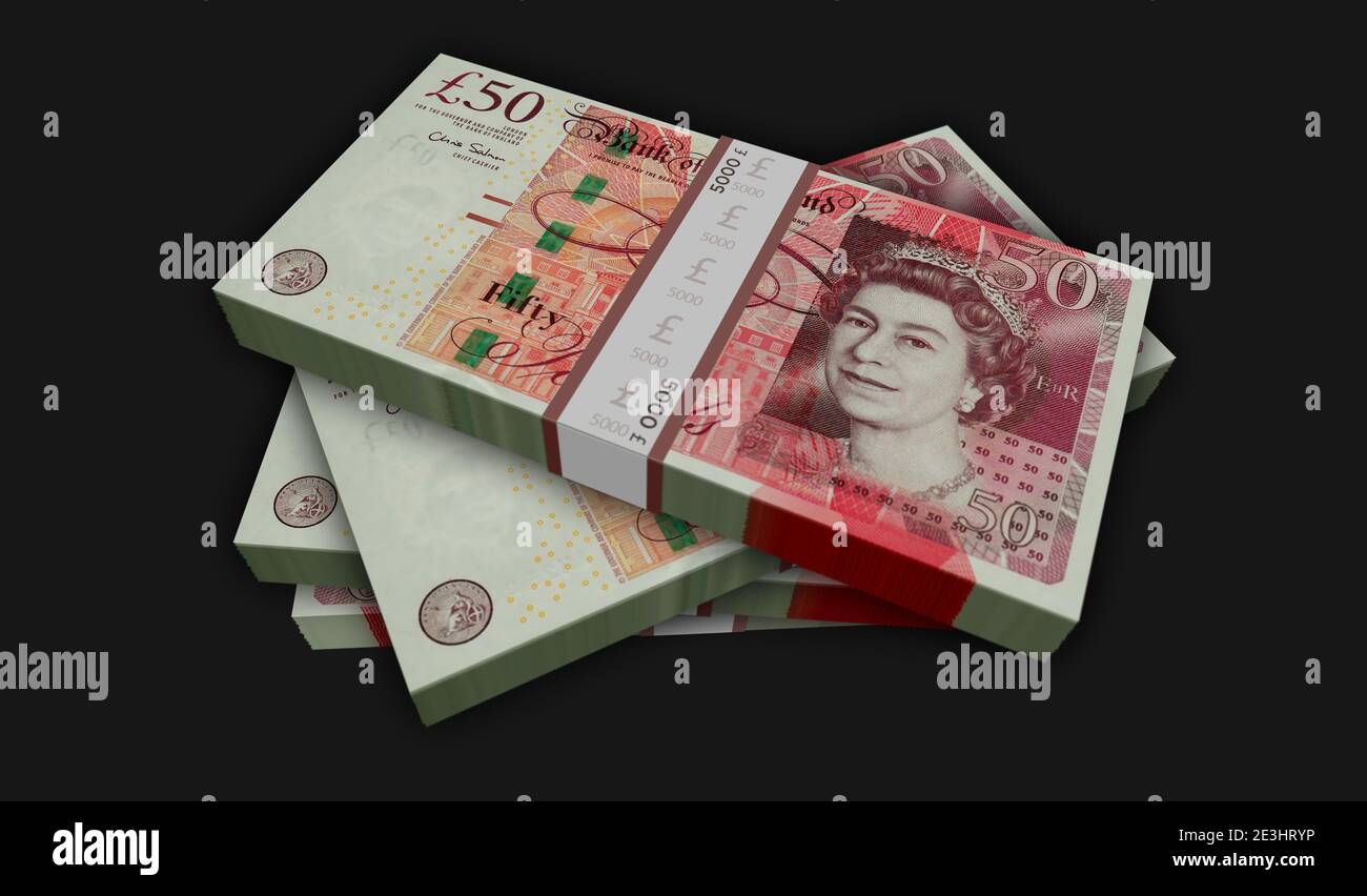 Pound Sterling money pack 3d illustration. 50 GBP banknote bundle ...