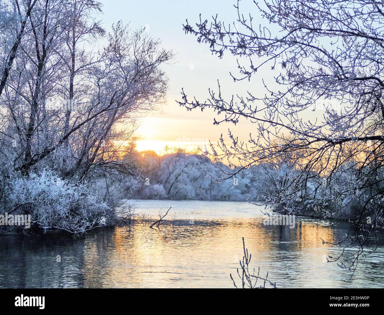Snowy river bank. Winter sunset of the frozen forest and a river ...
