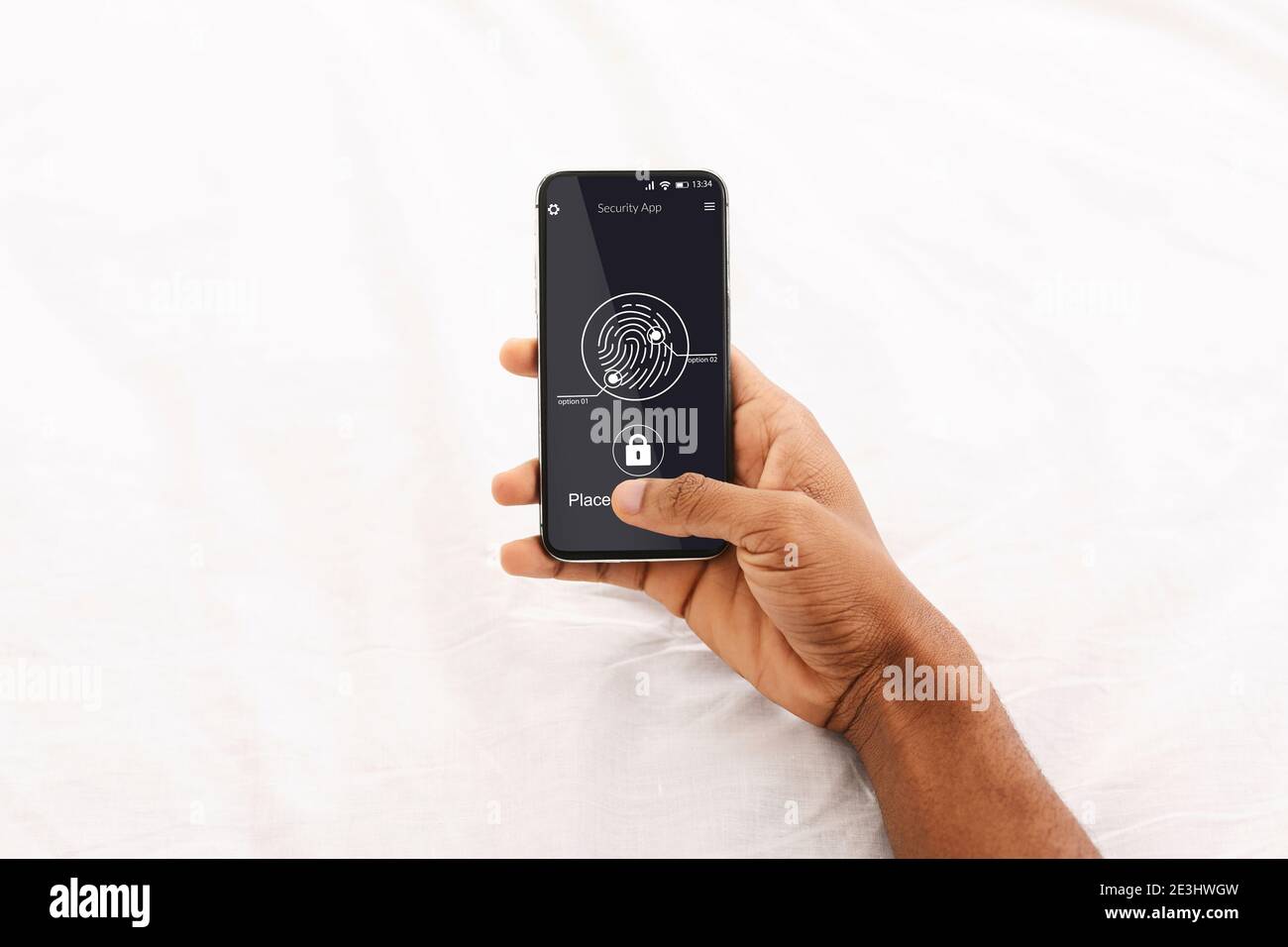 Unrecognizable Black Man Scanning Fingerprint On Phone Over White ...