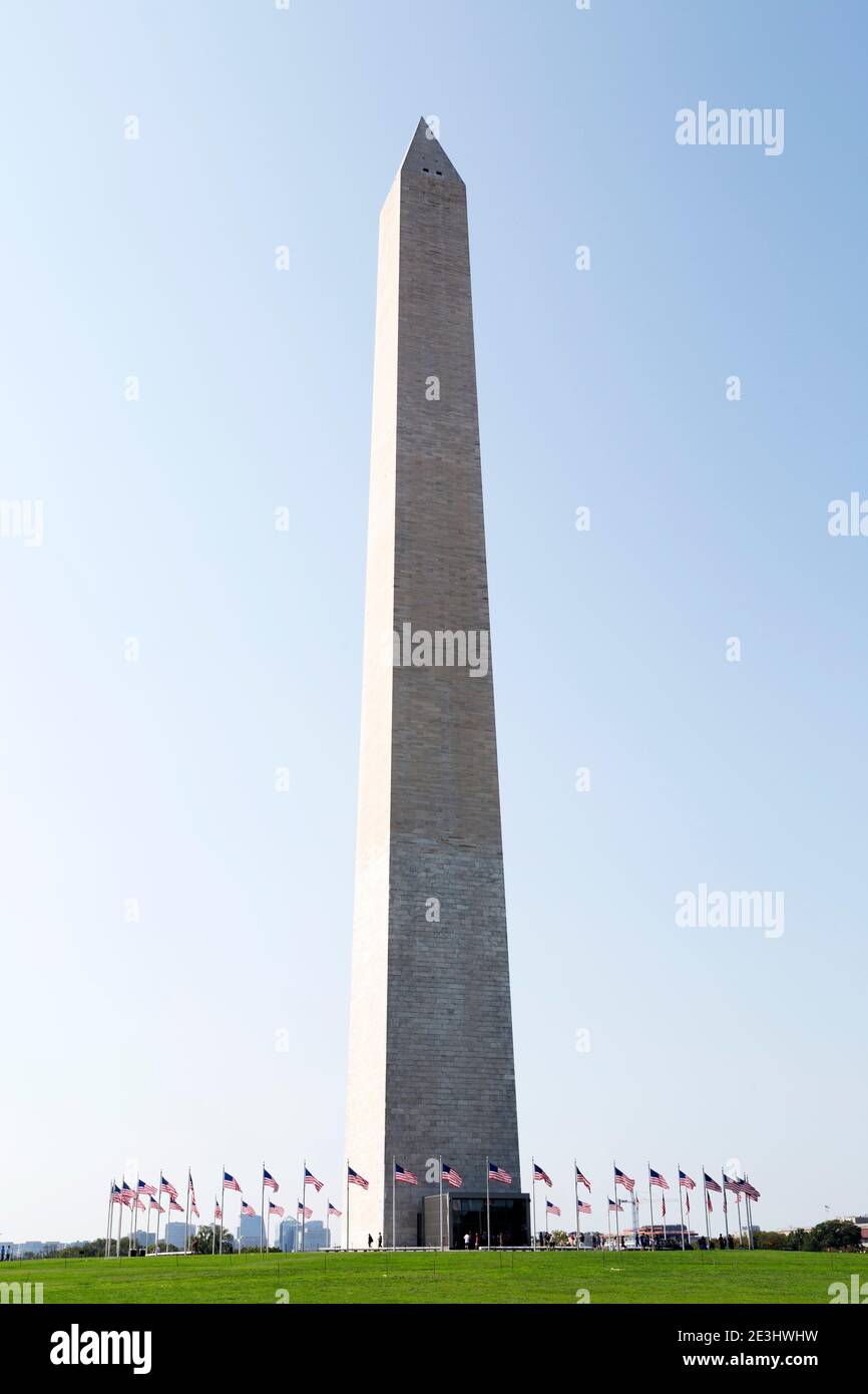 Washington Monument in Washington DC. The 555ft-tall obelisk stands in ...