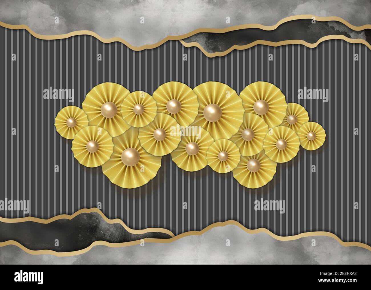 3d illustration mural wallpaper . graphic waves and Chinese hand fan ...