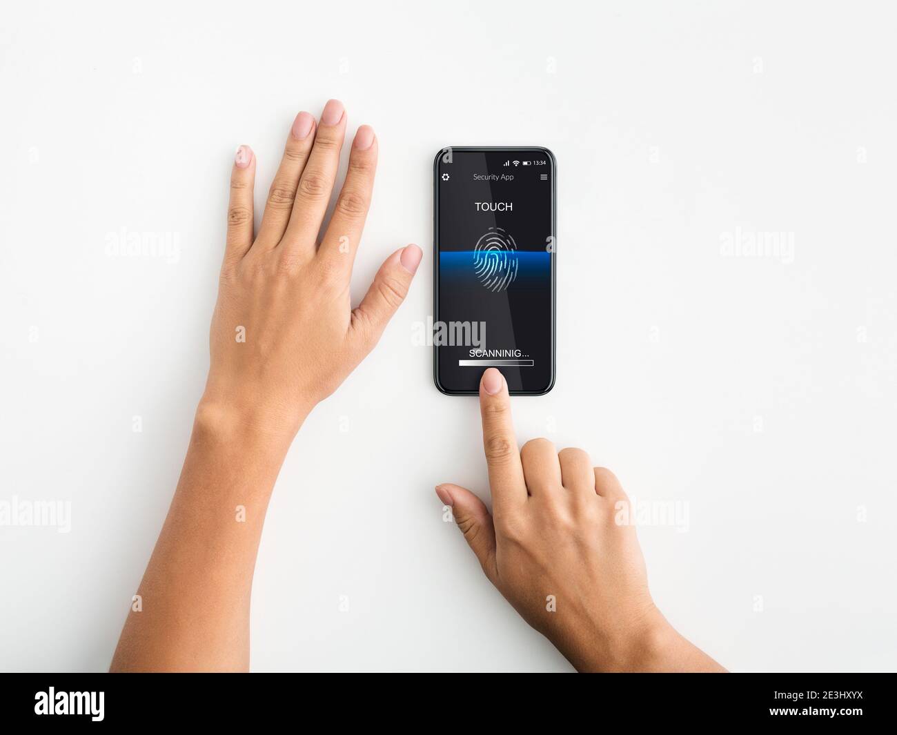 Woman Touching Fingerprint Scanner On Smartphone, White Background ...