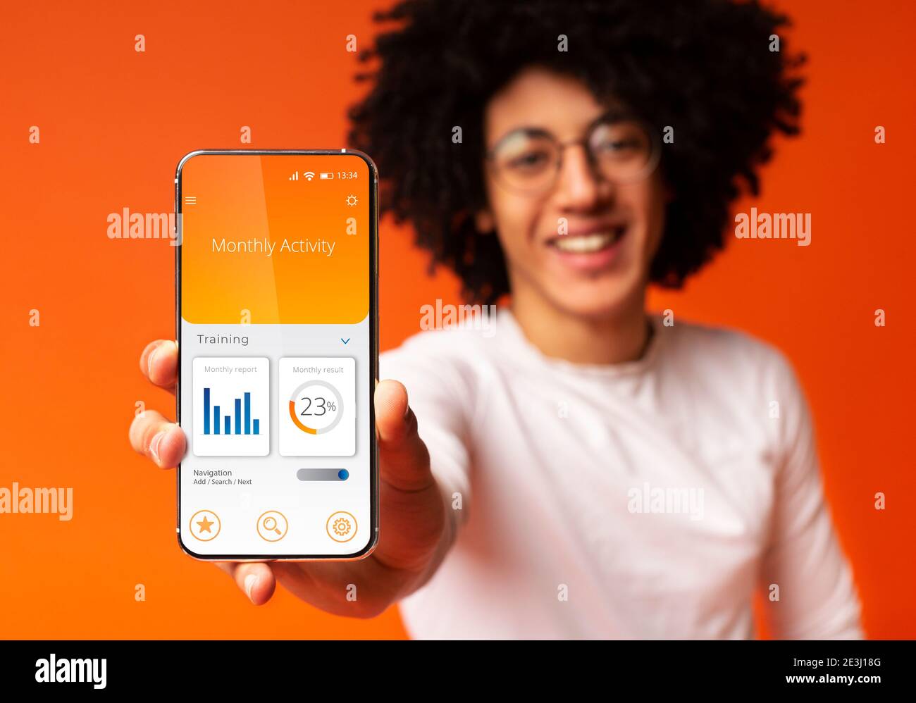 Man Showing Smartphone With Physical Activity Application Over Orange ...