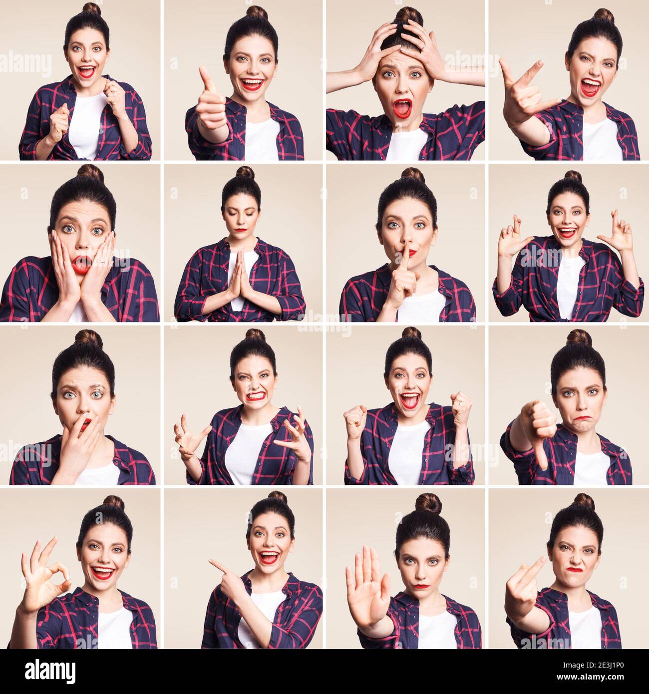 Collage of different facial expressions of beautiful young woman in ...