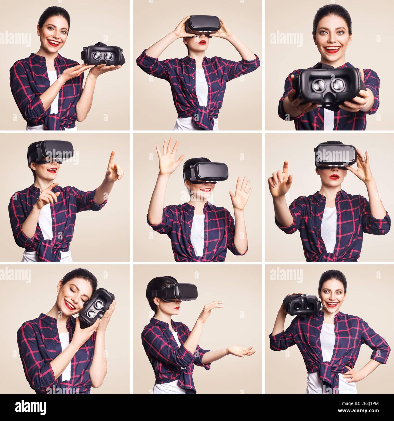 Collage of different expressions of beautiful young woman with virtual ...