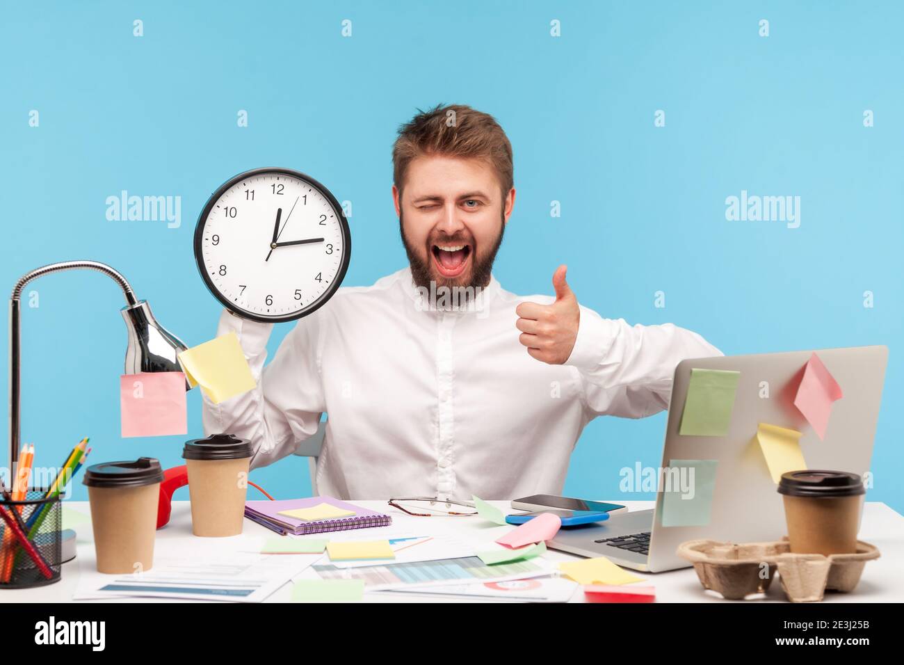 Happy smiling man office worker with beard in white shirt showing ...