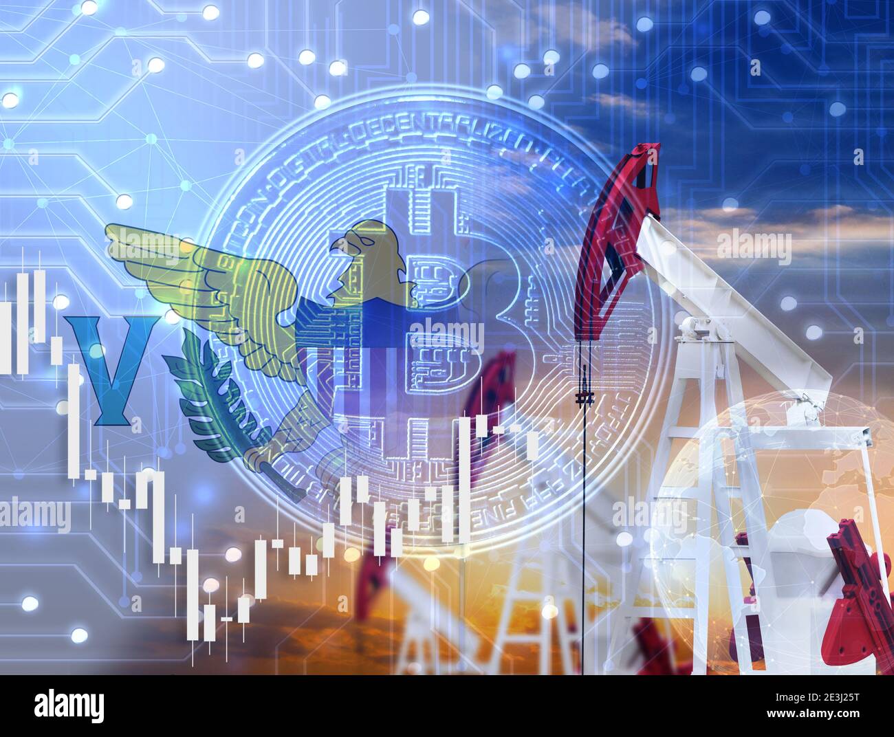 hologram with bitcoin cryptocurrency and graph on the background of the ...