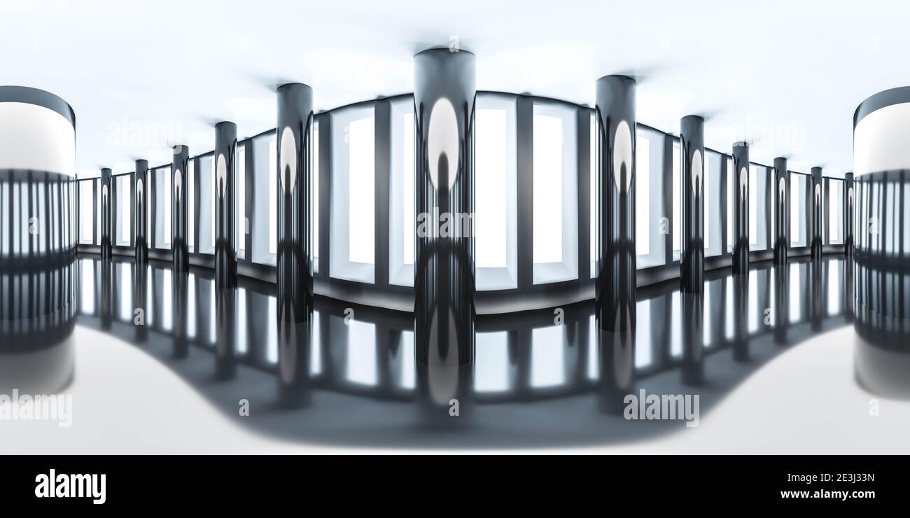 360 panorama view of big hall with pillars and glossy surface with ...