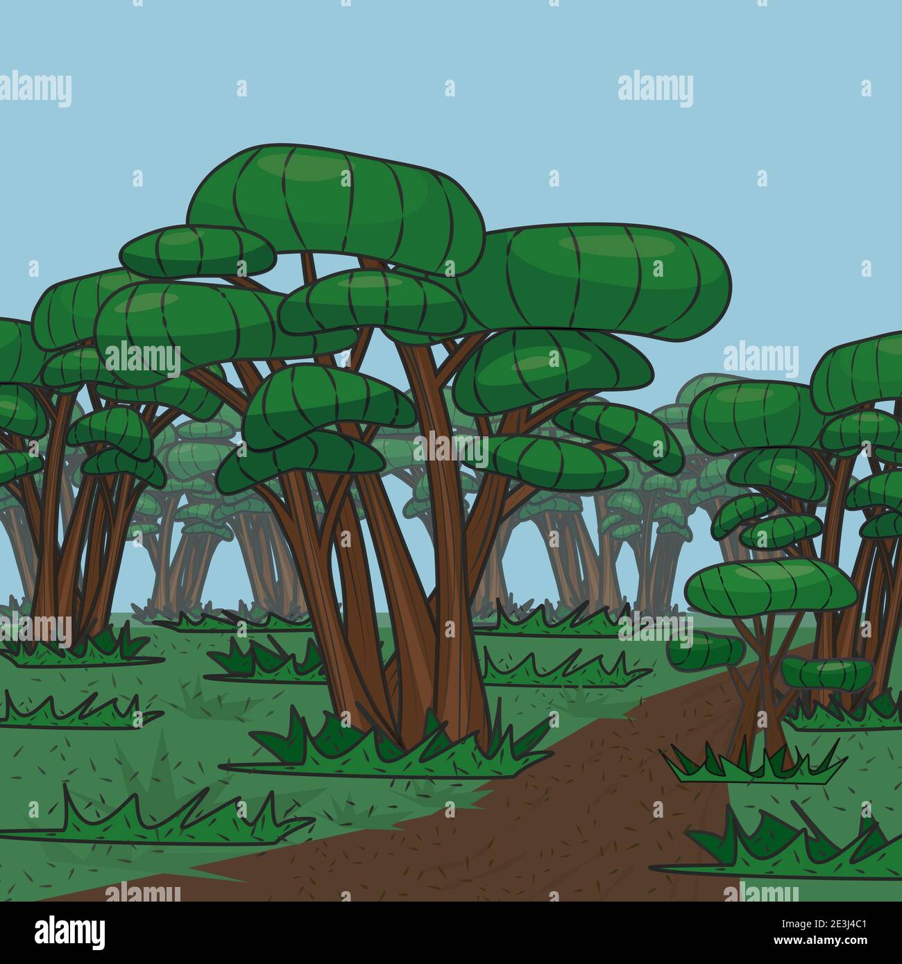 Bright green cartoon forest picture, brown path, blue sky. Trees vector ...
