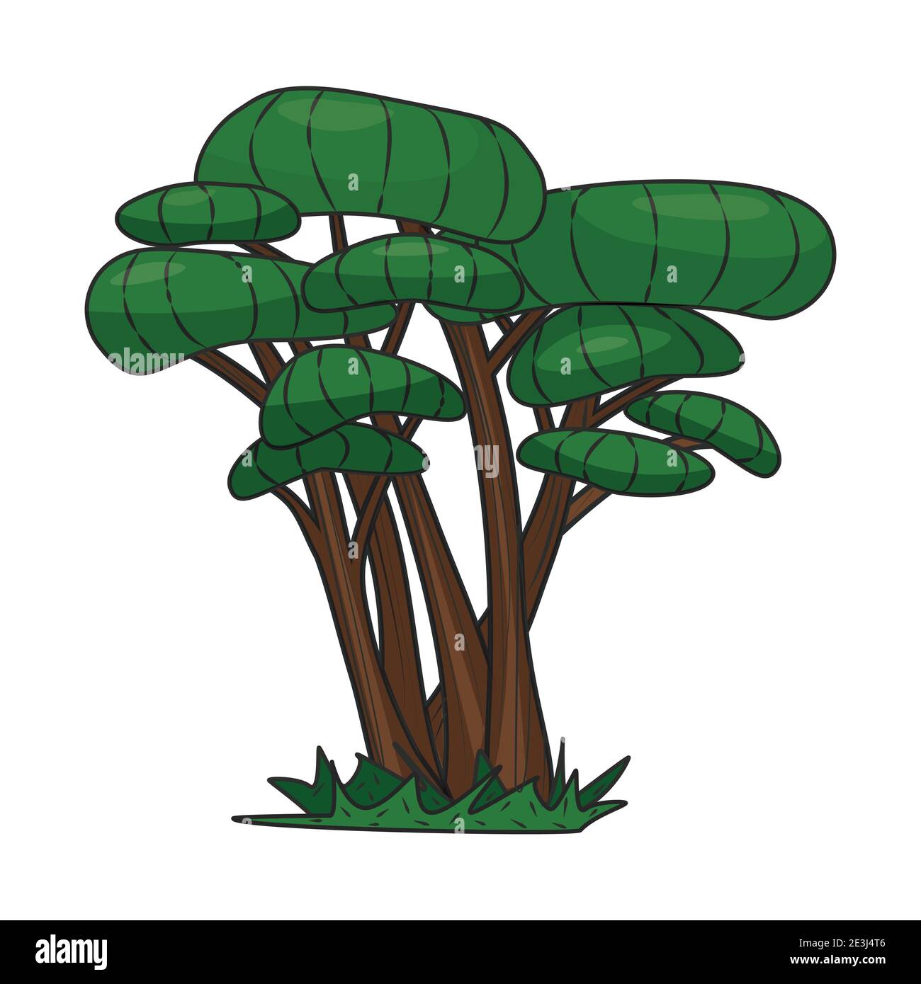 Bright green cartoon tree vector or forest with grass isolated on white ...