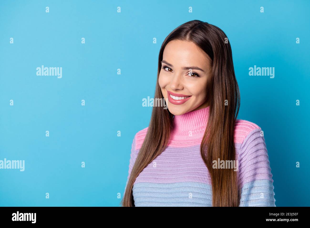 Turned photo of lovely girl look in camera toothy smile wear pullover ...