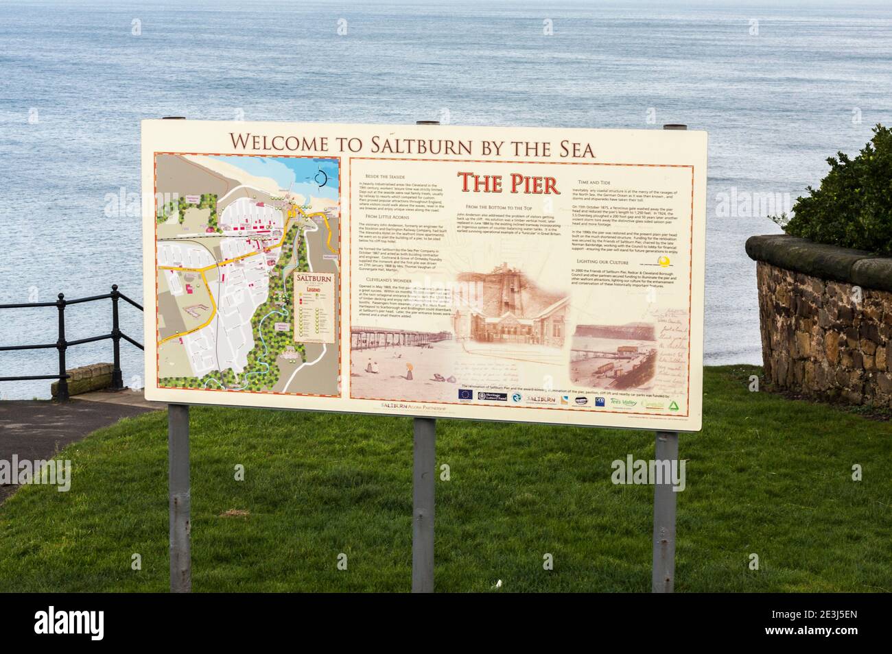An information notice board on the clifftop at Saltburn by the Sea ...