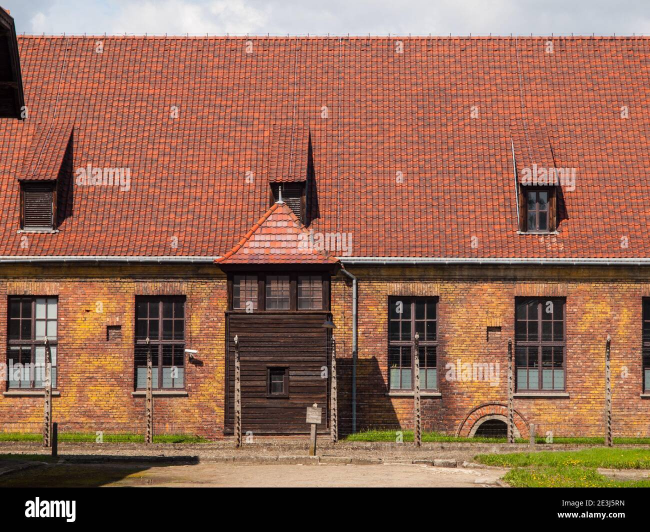 Brick building and guard tower in Auschwitz (Oswiecim) concentration ...