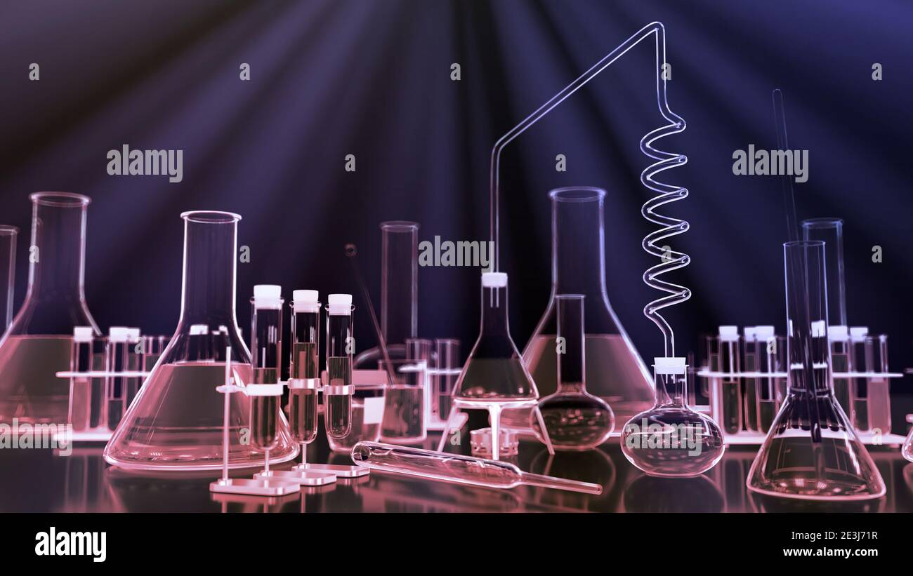 biotechnology concept, lab test tubes and other glassware with light ...