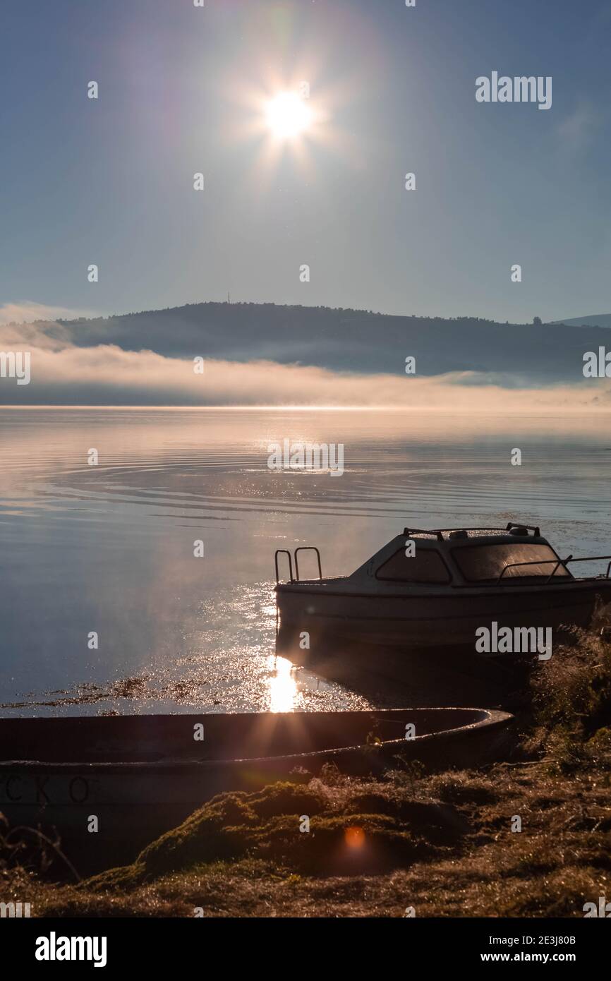 Fishing boat morning mist hi-res stock photography and images - Alamy