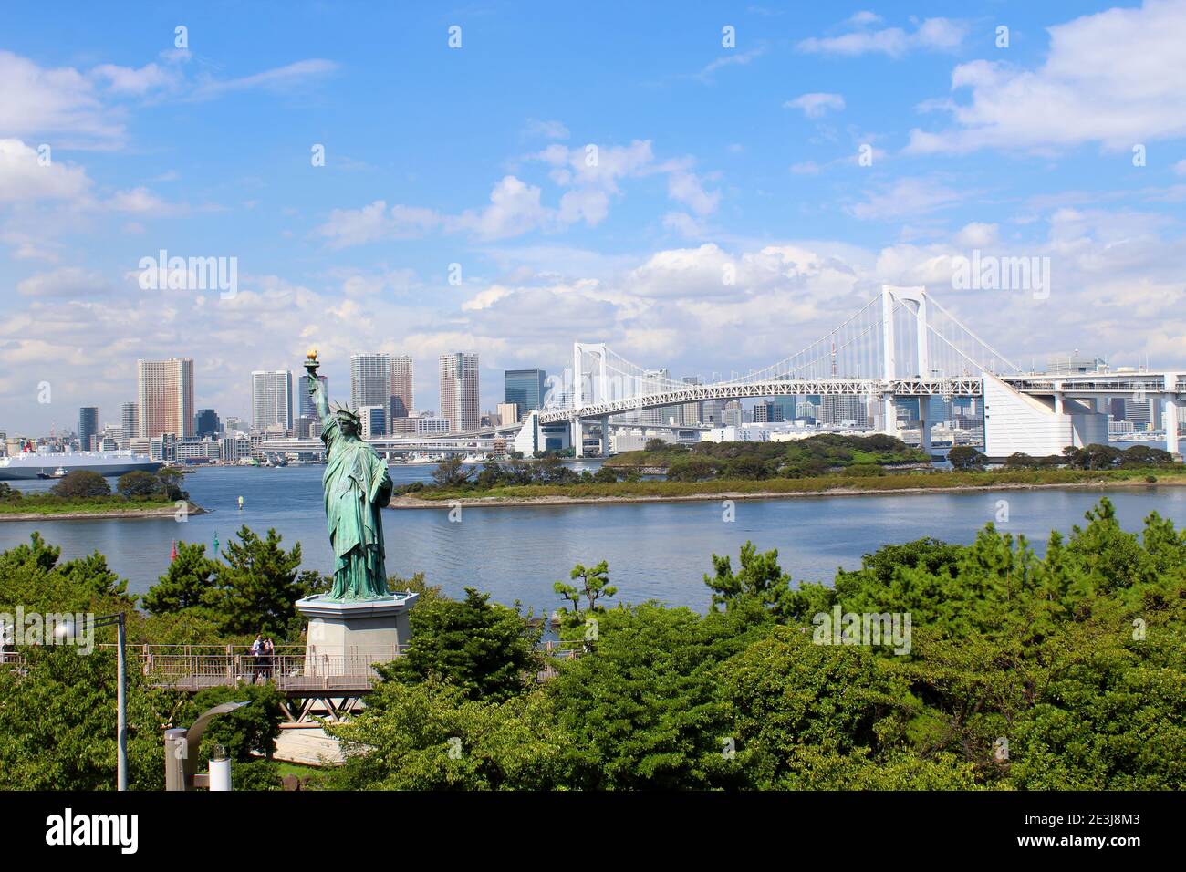 Panoramic view of Odaiba with Rainbow Bridge. Odaiba is a man-made ...