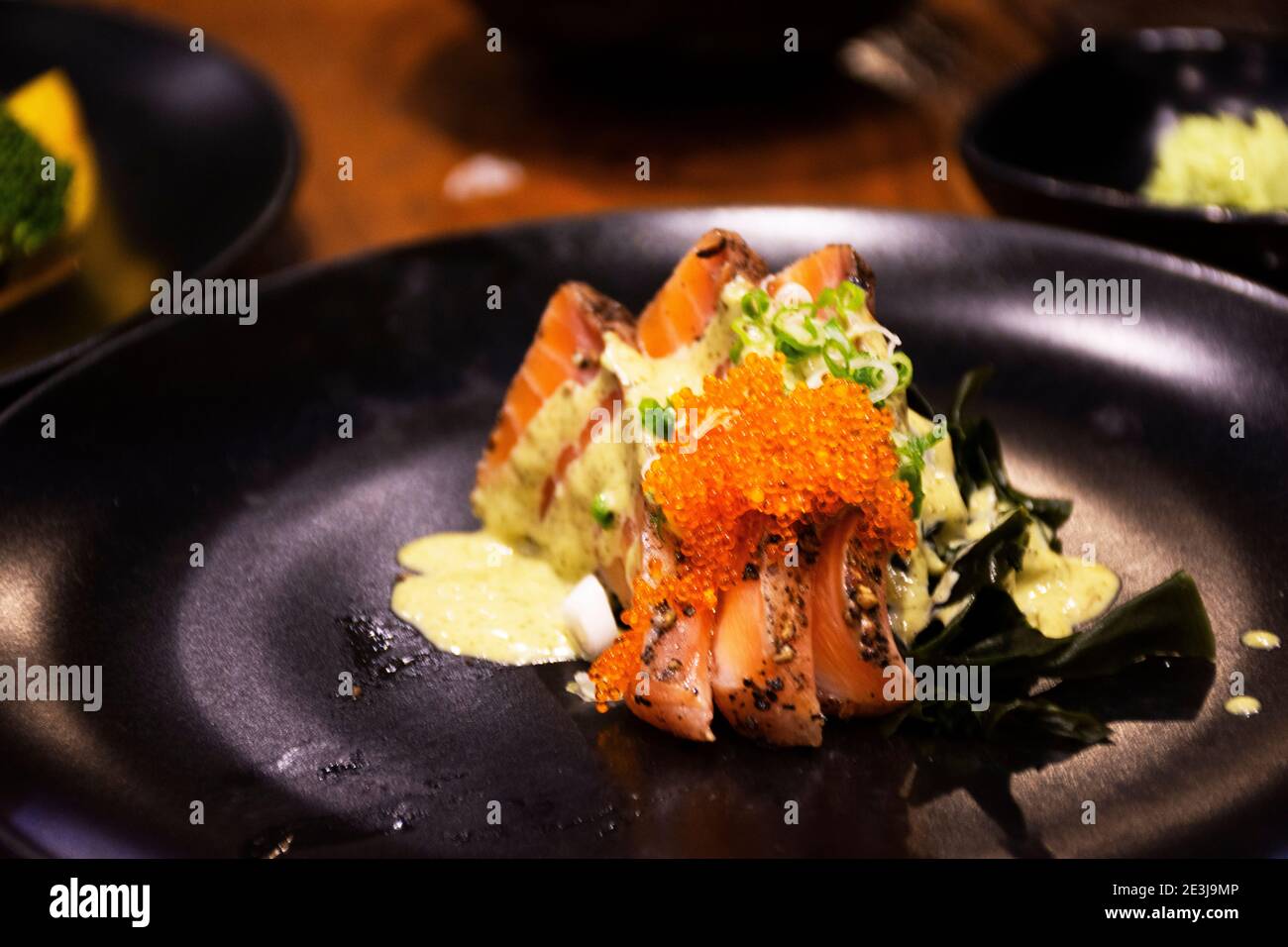 Aburi japanese food or Salmon slice roasted torched with vegetable ...
