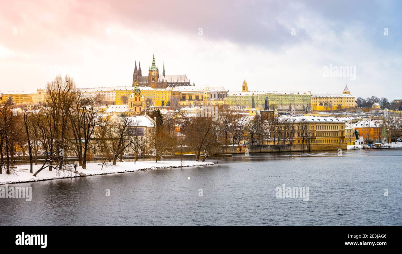 Winter Prague Panoramic Cityscape with Prague Castle, Charles Bridge and Vltava River. Czech ...