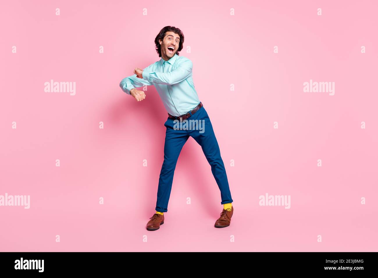 Full body photo of young attractive man happy smile positive dance ...