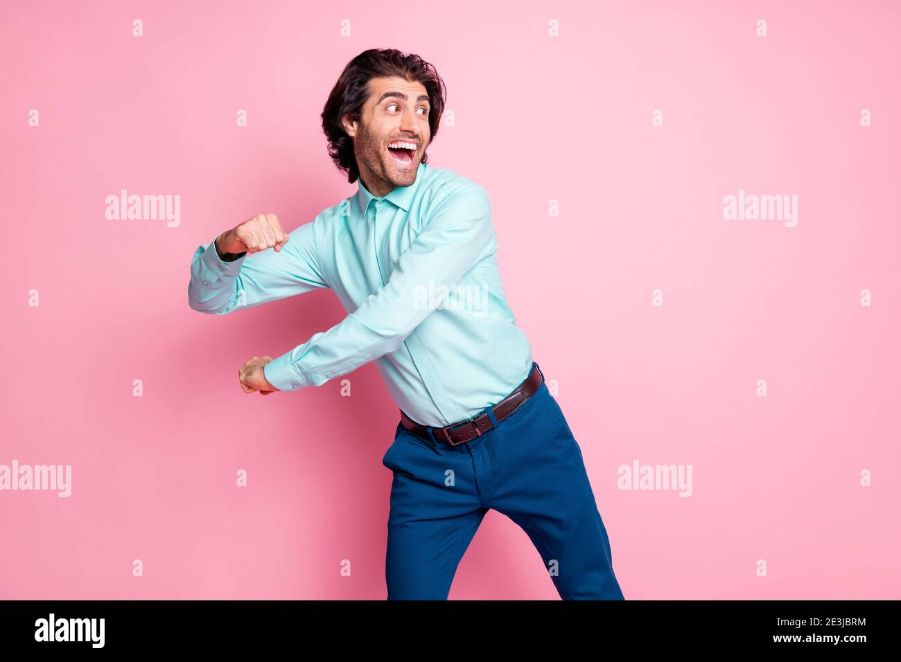 Photo of young handsome man crazy happy have fun dance look empty space ...
