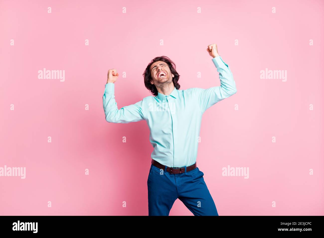 Photo of young bristle man happy excited crazy celebrate win victory ...